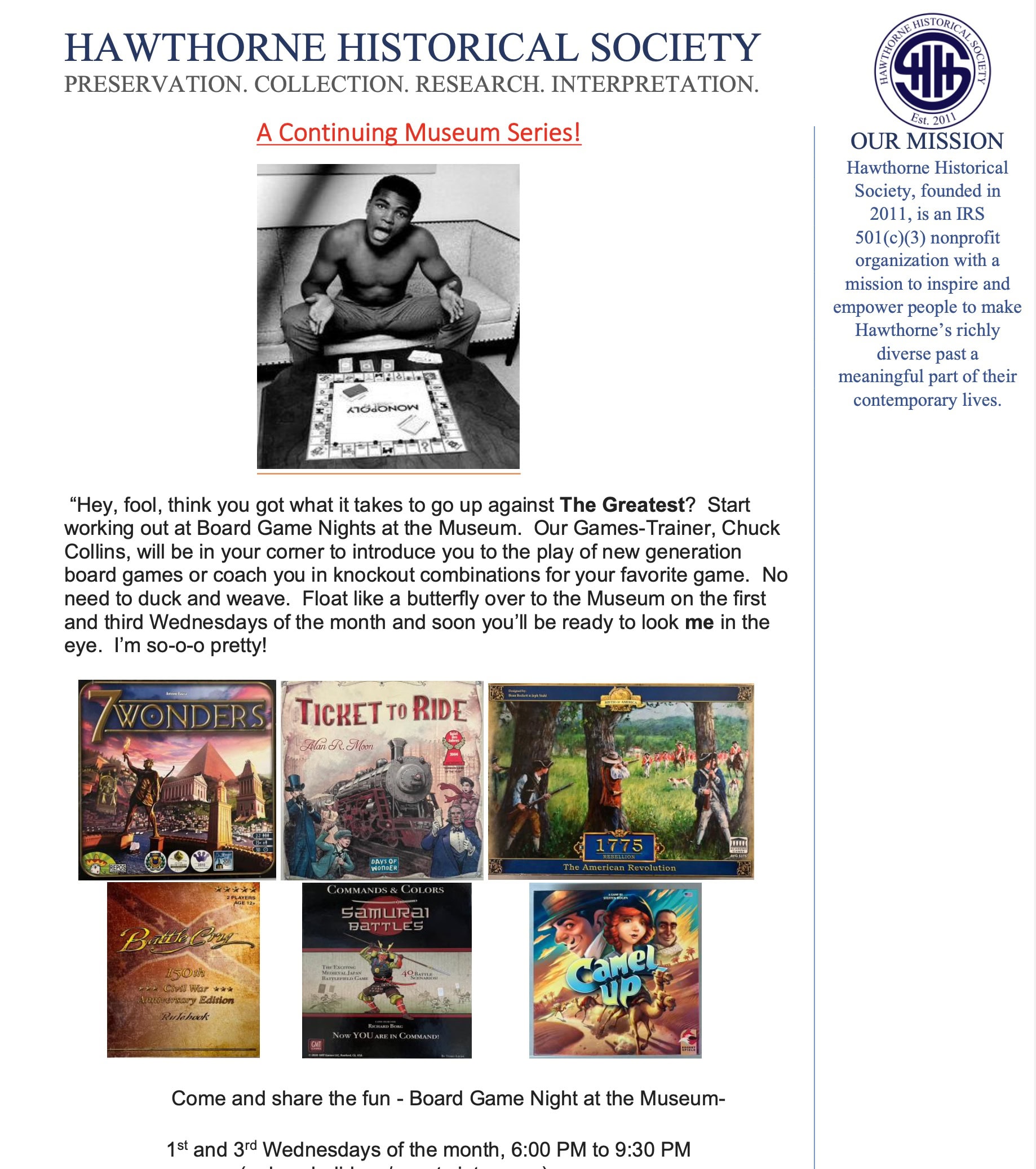 Board Game Nights at the Museum – Hawthorne Historical Society